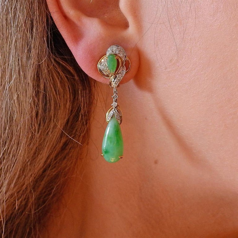 Gold Diamond Jade Drop Earrings For Sale at 1stDibs