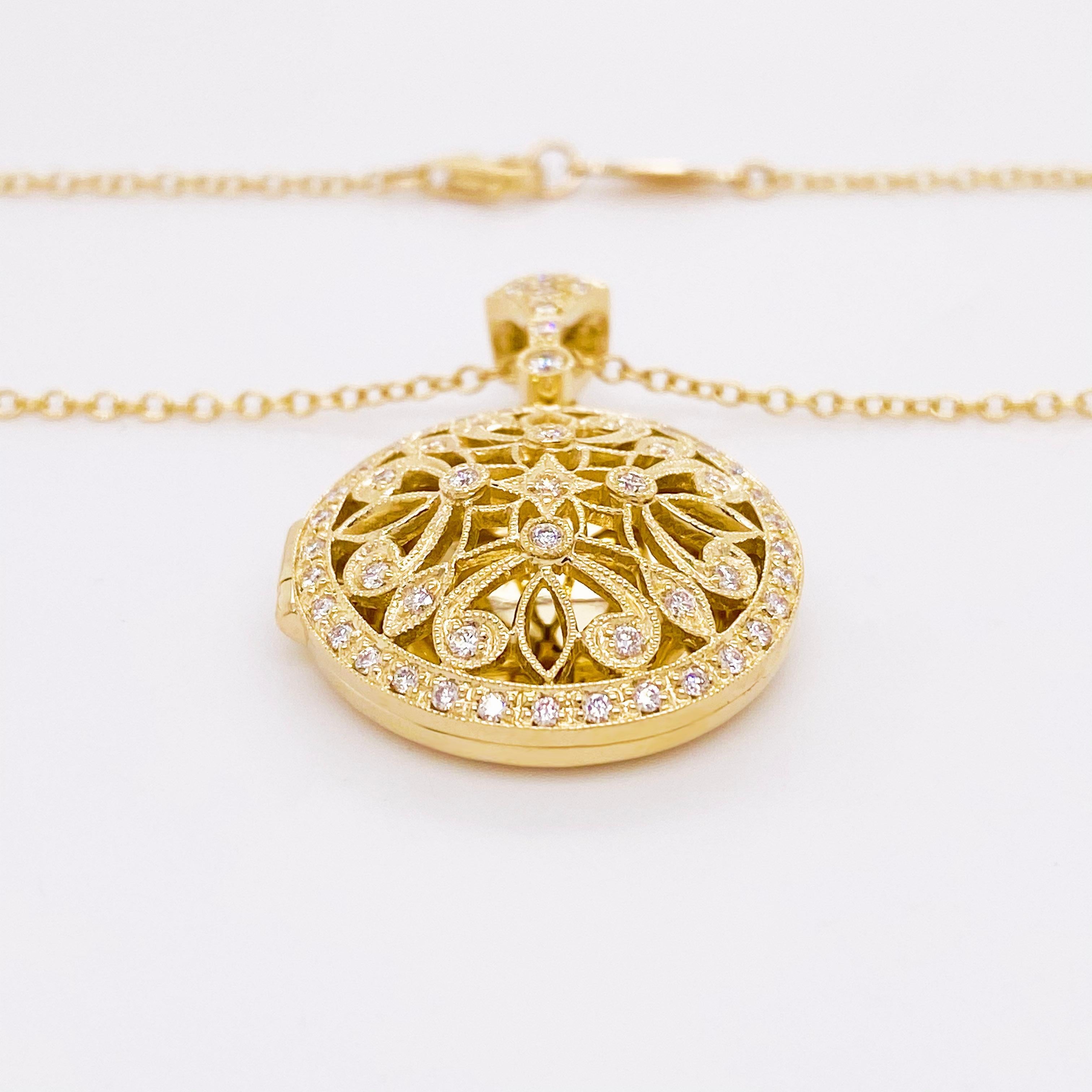 Gold Diamond Locket, Vintage Inspired 14 Karat Gold Filigree Diamond ...