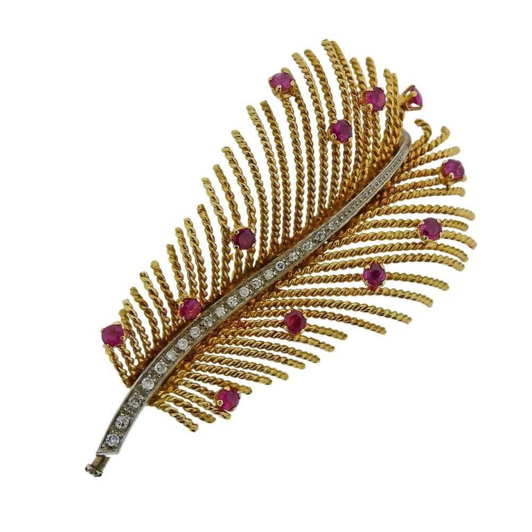 Gold Diamond Ruby Feather Brooch Pin For Sale at 1stDibs