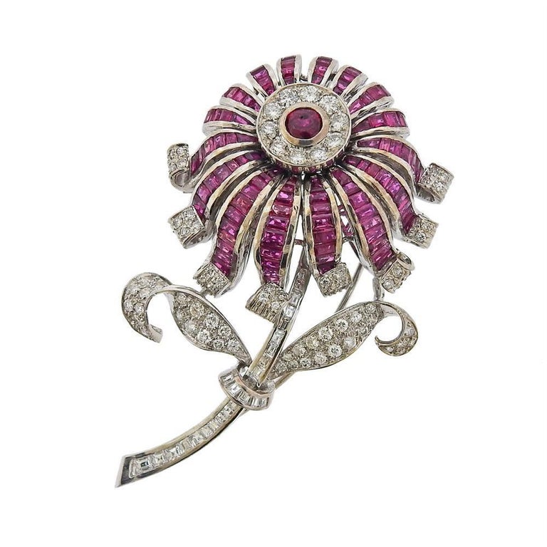 Gold Diamond Ruby Large Flower Brooch Pin For Sale at 1stDibs
