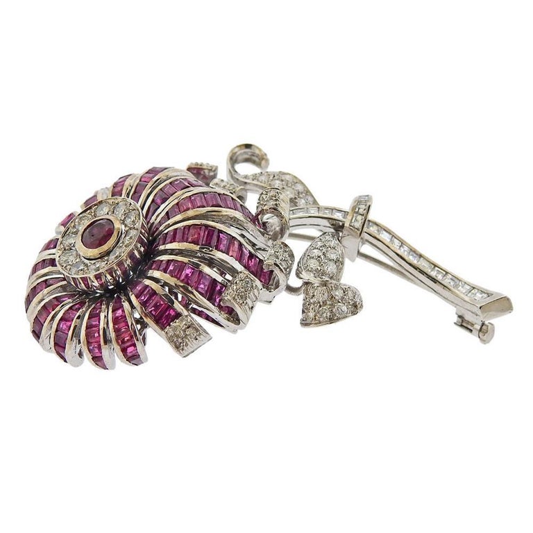 Gold Diamond Ruby Large Flower Brooch Pin For Sale at 1stDibs