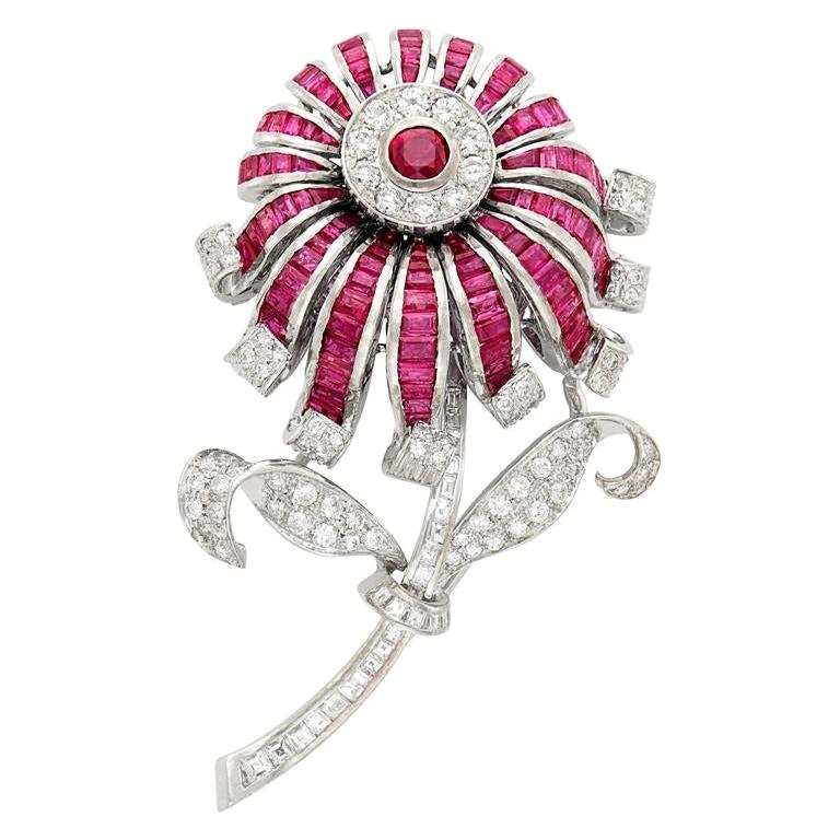 Gold Diamond Ruby Large Flower Brooch Pin For Sale at 1stDibs