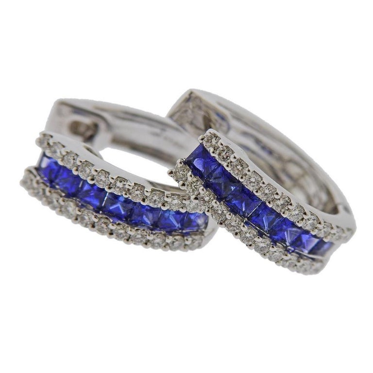 Gold Diamond Sapphire Hoop Earrings For Sale at 1stDibs