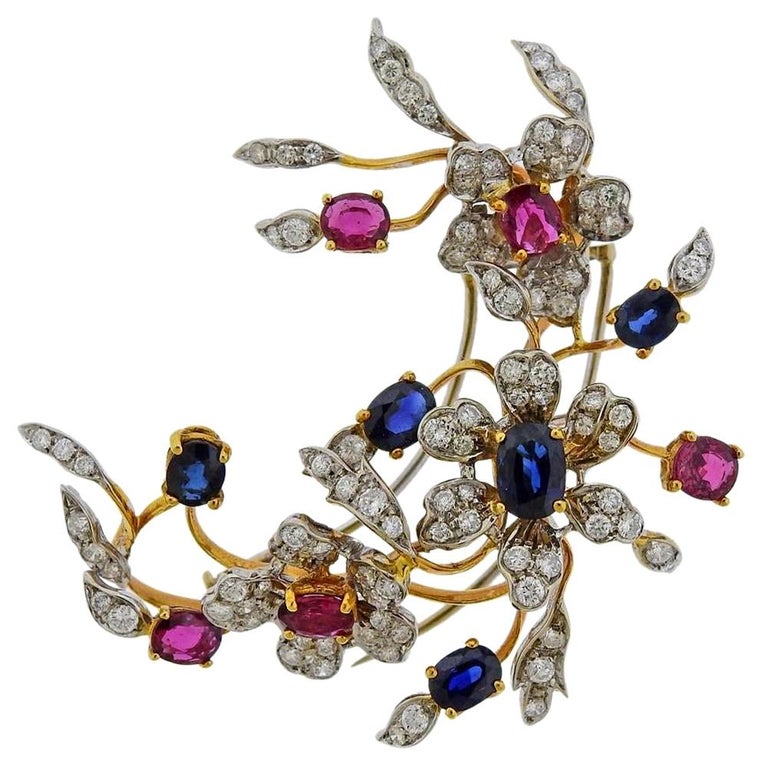 Gold Diamond Sapphire Ruby Flower Brooch Pin at 1stDibs