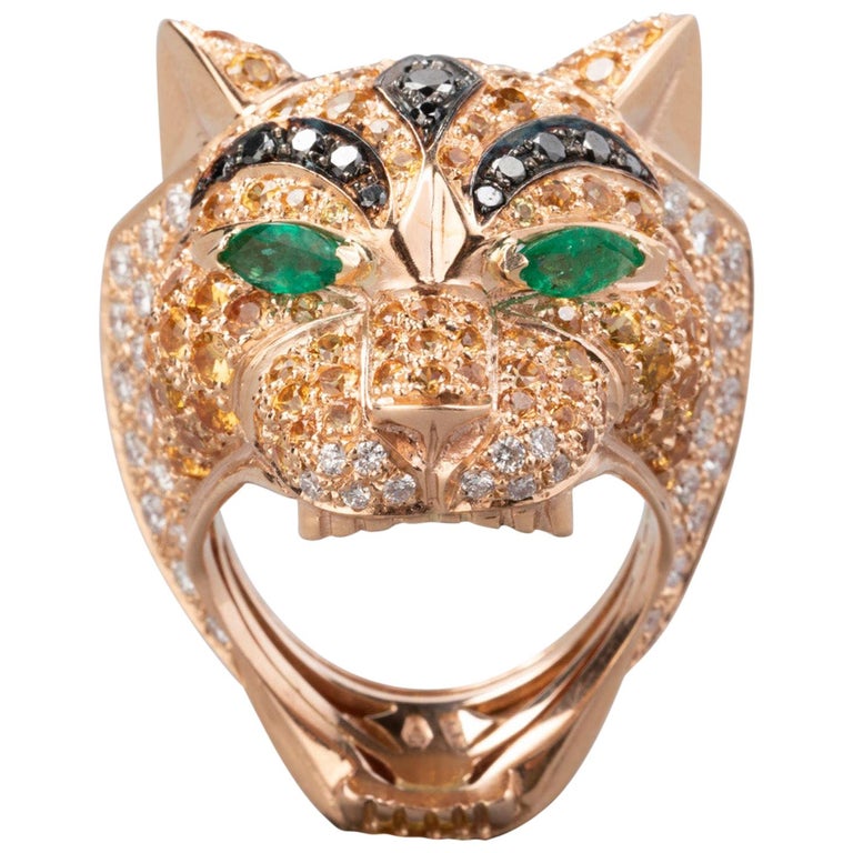 Gold Diamonds Emeralds and Sapphires Tiger Fashion Ring For Sale at 1stDibs
