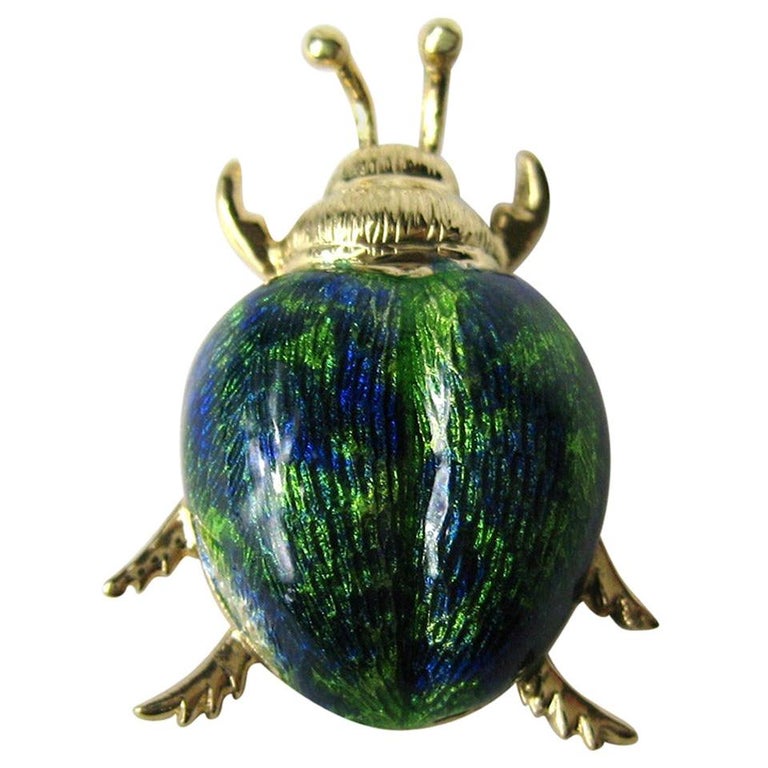 Gold Enamel Beetle Bug Pendant Blue Green For Sale at 1stDibs
