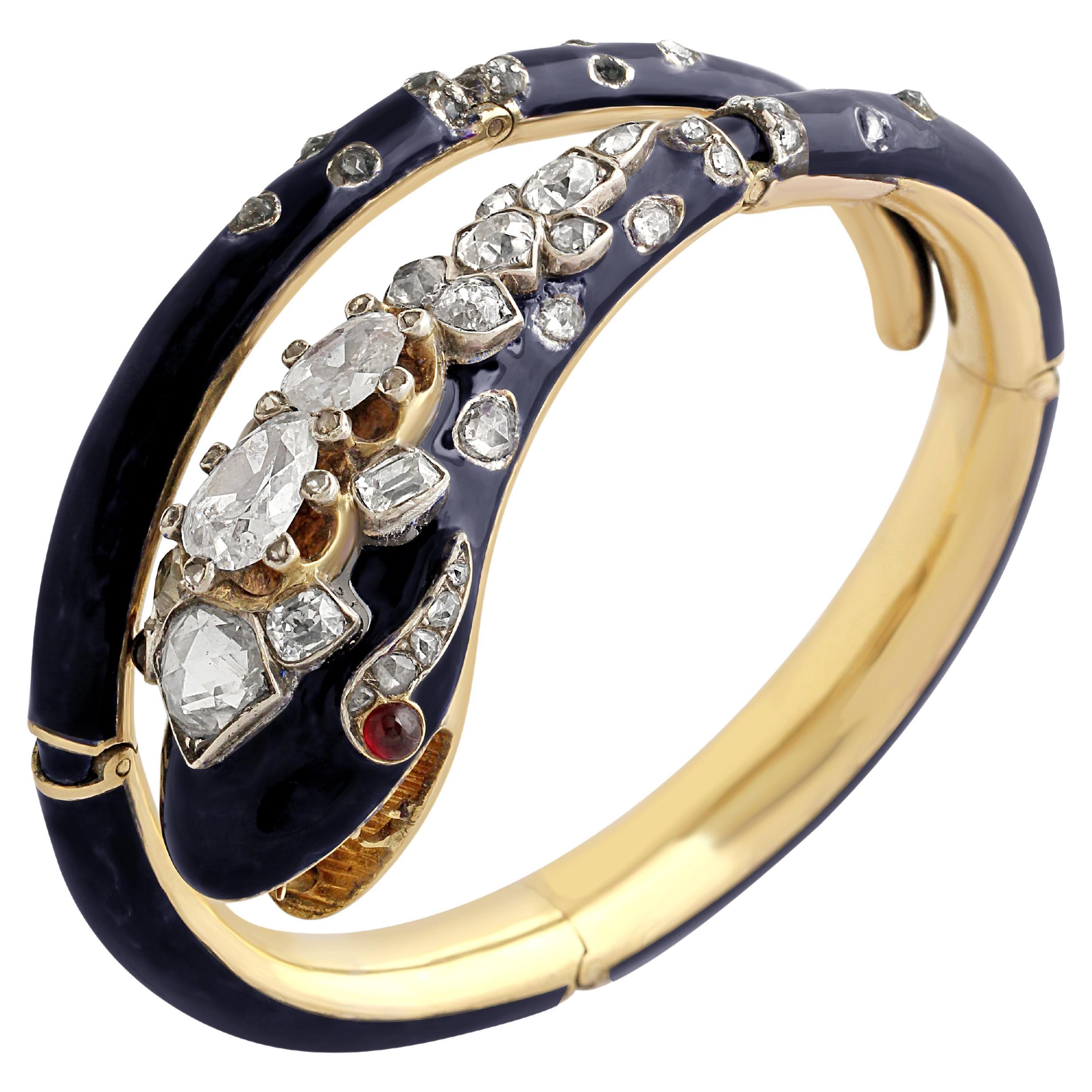 Gold, Enamel and Diamond Snake Bangle For Sale at 1stDibs