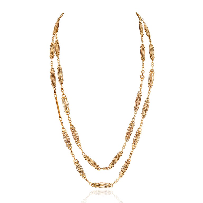 Gold Fancy Link Long Chain Necklace For Sale at 1stDibs