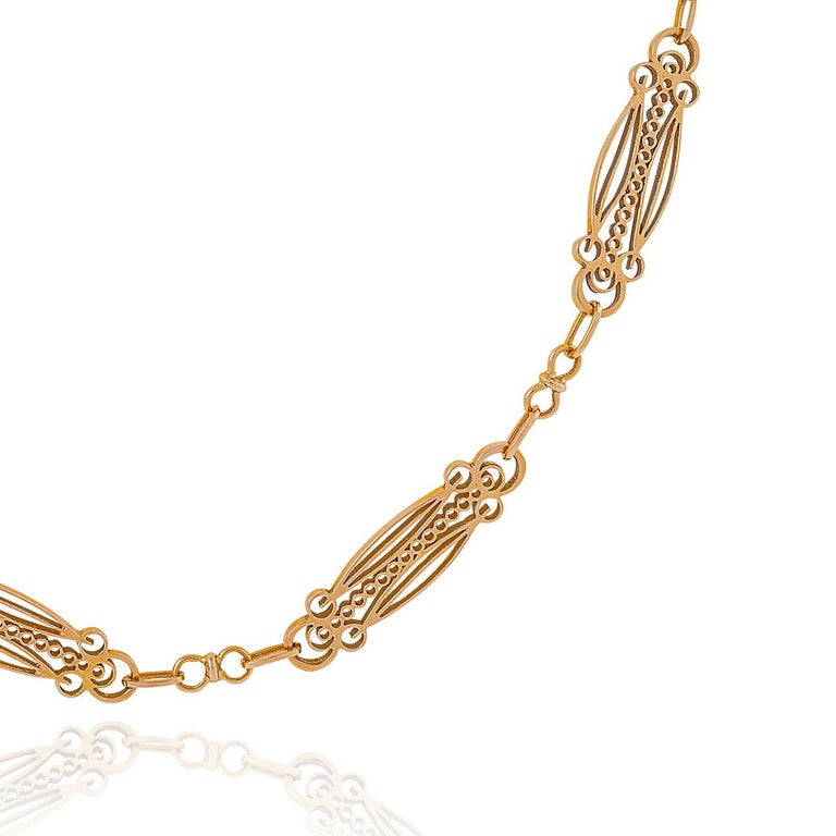 Gold Fancy Link Long Chain Necklace For Sale at 1stDibs