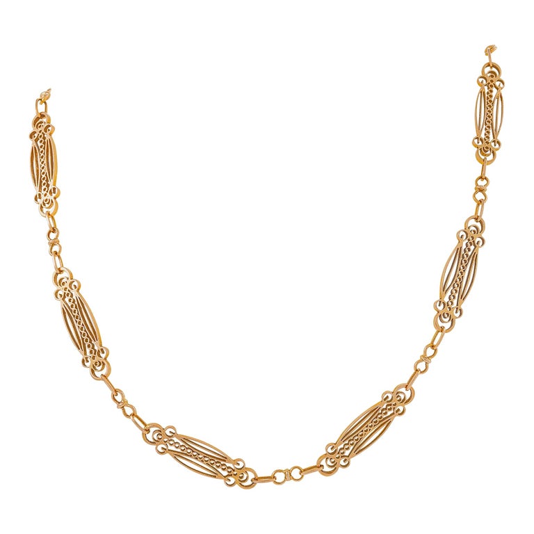Gold Fancy Link Long Chain Necklace For Sale at 1stDibs