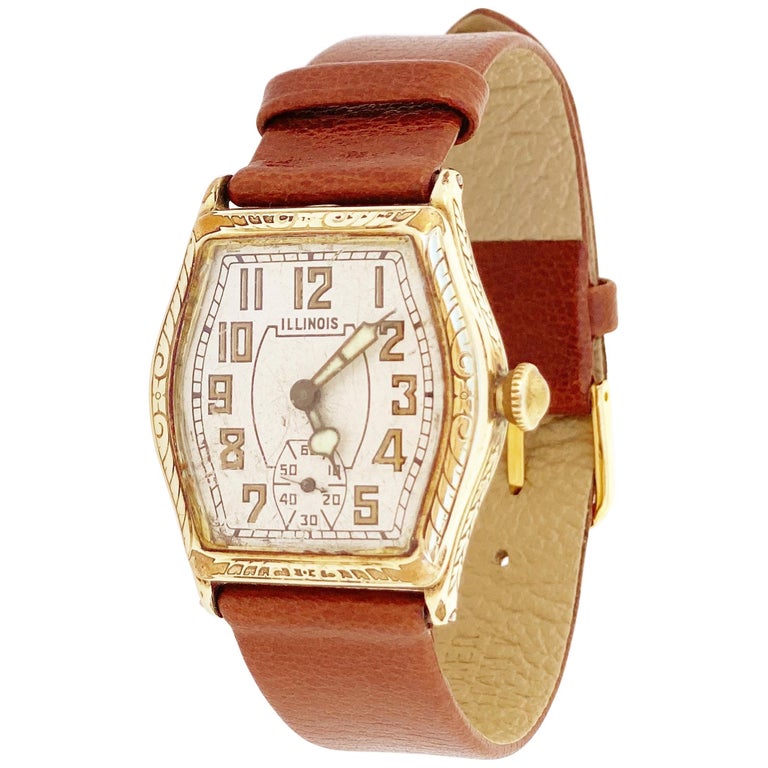 Gold Filled Art Deco Watch with Leather Strap by Illinois, 1920s at 1stDibs