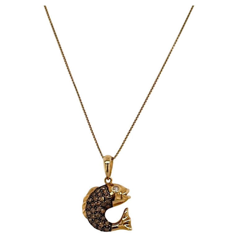 Gold Fish Necklace with Brown Diamonds in 14K Gold For Sale at 1stDibs