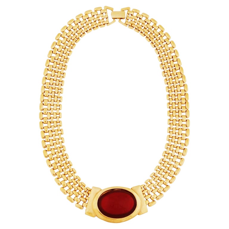 Gold Flat Chain Choker Necklace With Ruby Glass Cabochon By Napier ...