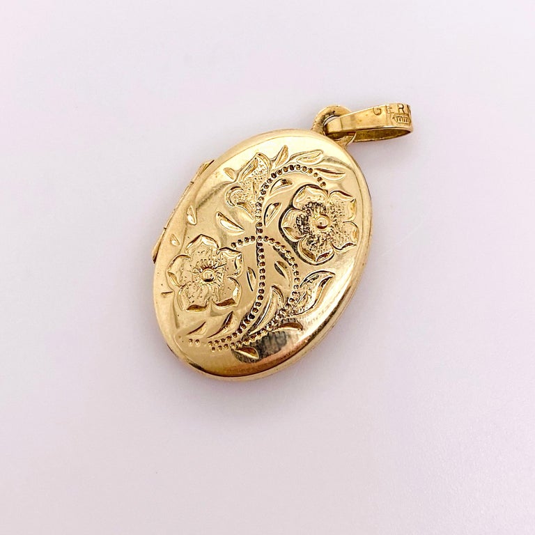 Gold Flower Locket, Vintage Inspired 14 Karat Gold Floral Oval Engraved ...