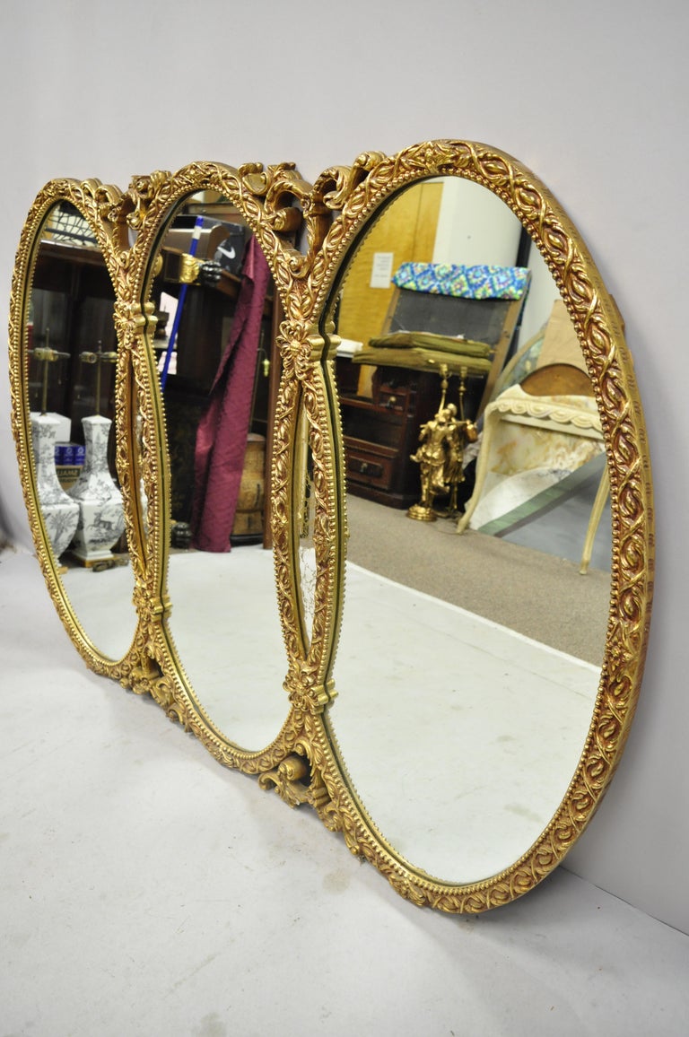 Gold French Hollywood Regency Triptych Interlocking Oval Mirror by ...