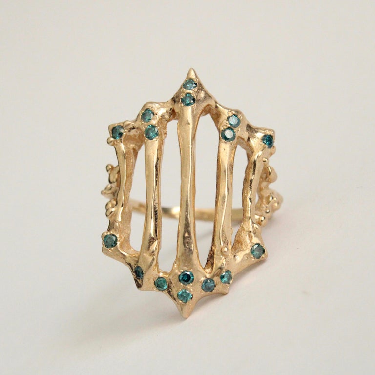 Gothic Gold Gate Ring with Blue Diamonds in 14 Karat Yellow Gold For ...