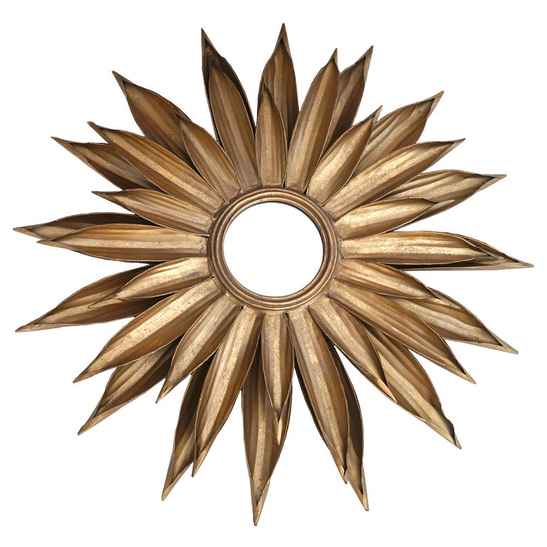 Gold Gilt French Sunburst Sunflower Flower Mirror For Sale at 1stDibs