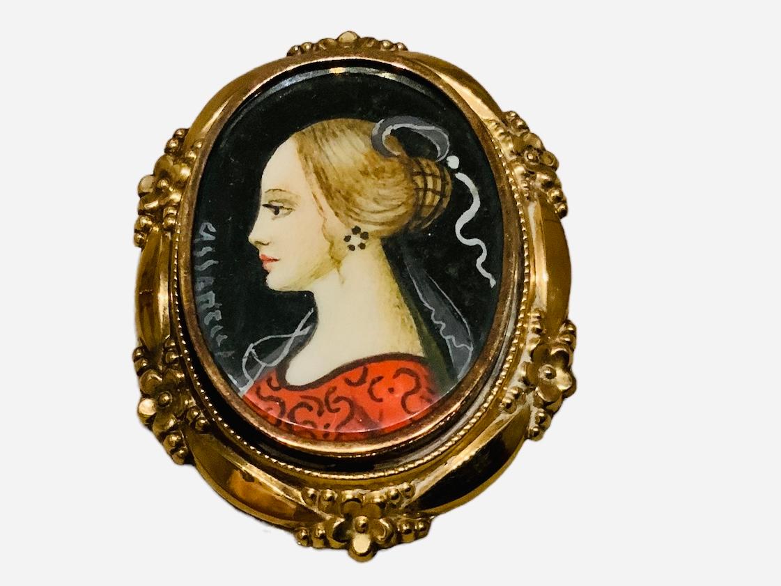 Gold Hand Painted Miniature Lady Portrait Brooch For Sale at 1stDibs