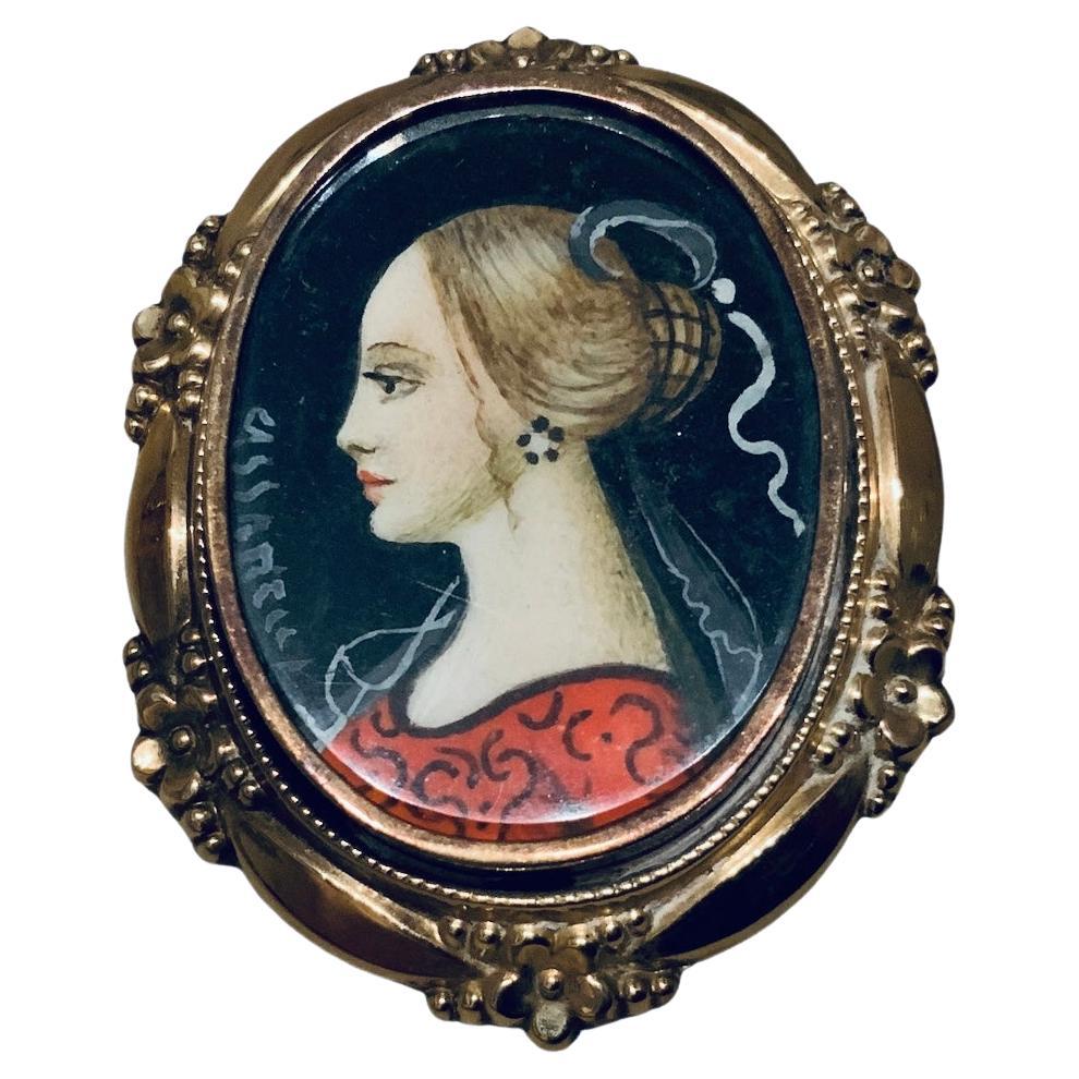 Gold Hand Painted Miniature Lady Portrait Brooch For Sale at 1stDibs