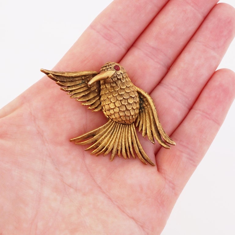 Gold Hummingbird Figural Brooch With Outstretched Wings By DeNicola ...