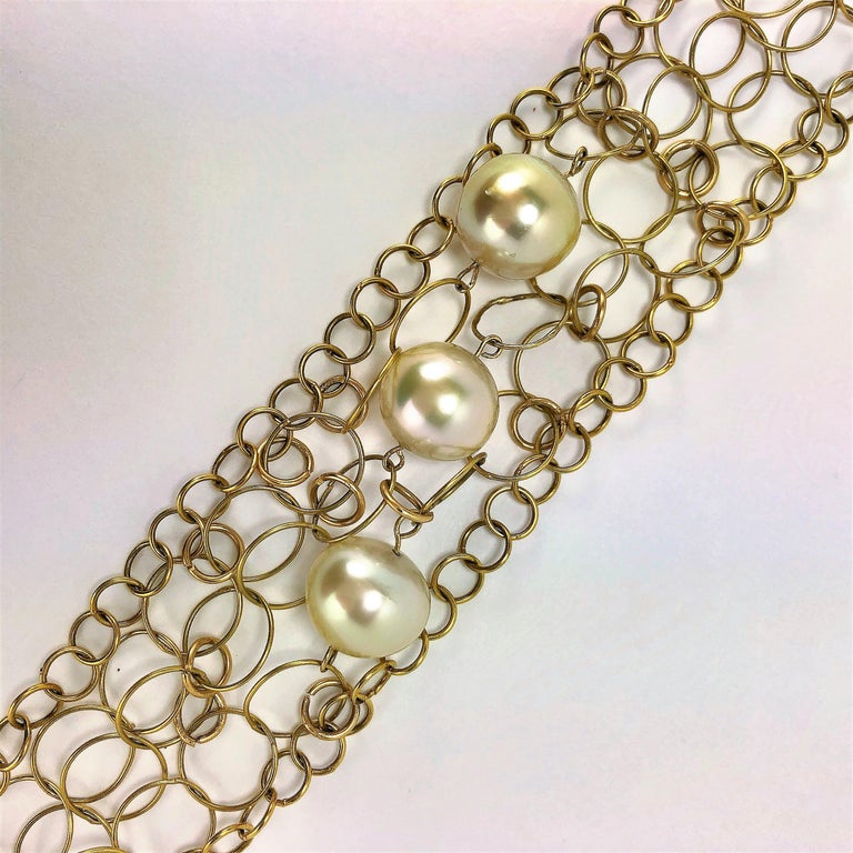 Gold Interlocking Wire Link Bracelet with Pearls For Sale at 1stDibs