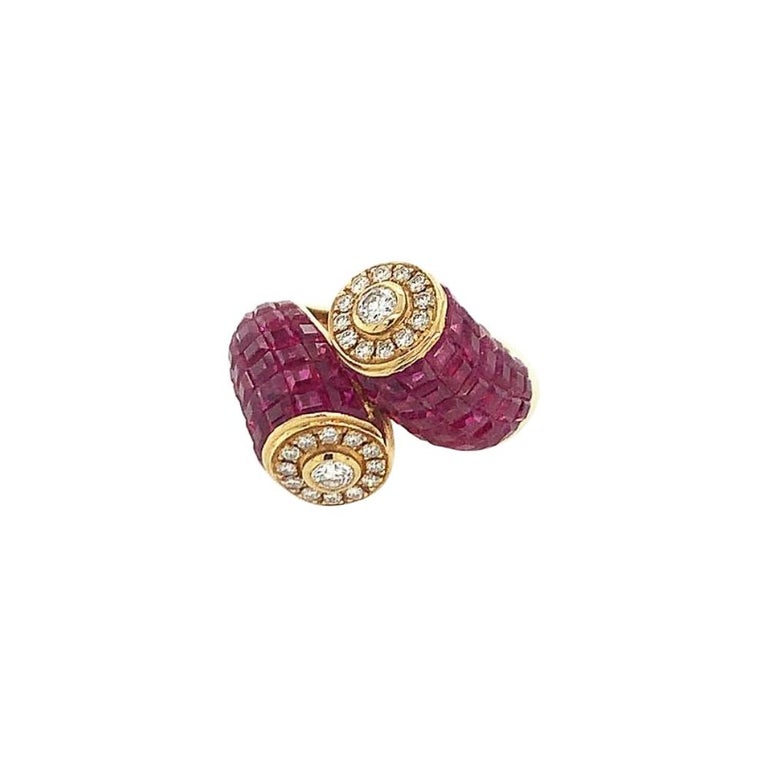 Gold Invisible Set Ruby Diamond Bypass Ring For Sale at 1stDibs
