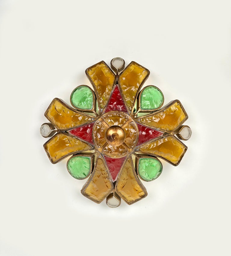 Gold Iron and Colored Glass Sconce Wall Lamp by Longobard, Italy 1970s ...