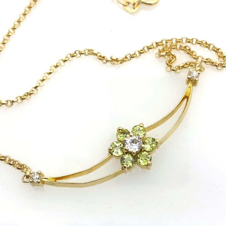 Gold Lavaliere Pendant Necklace with Three Diamonds and Six Peridots ...