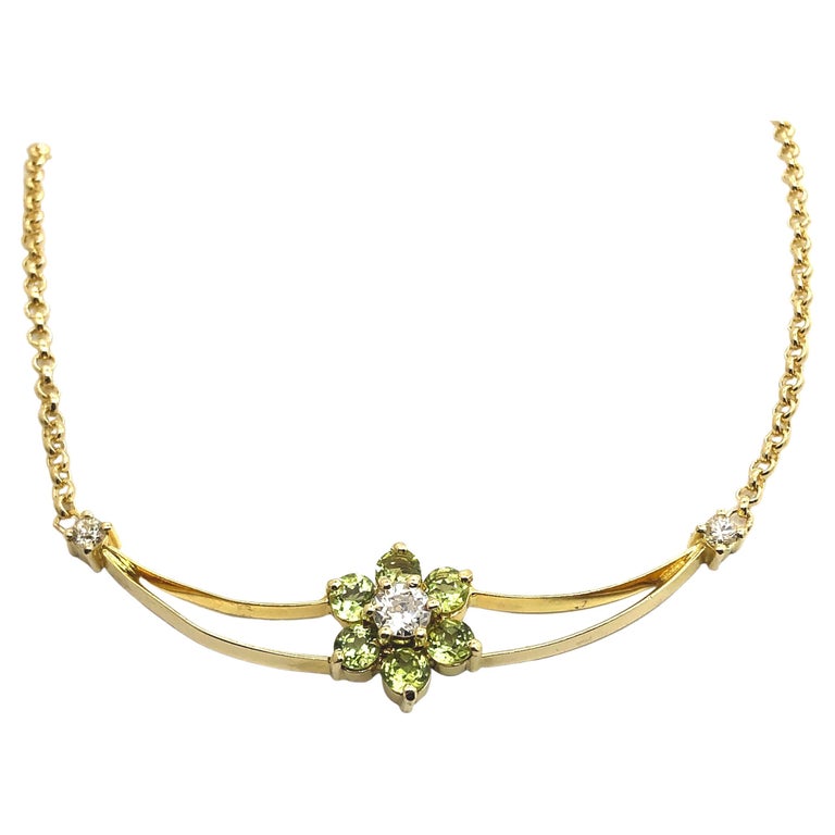 Gold Lavaliere Pendant Necklace with Three Diamonds and Six Peridots ...