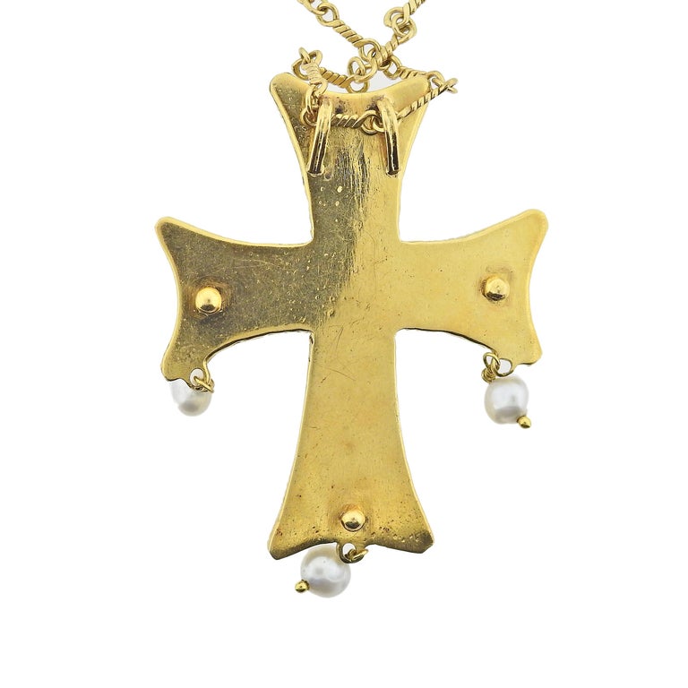 Gold Maltese Cross Gemstone Pearl Pendant Necklace For Sale at 1stDibs