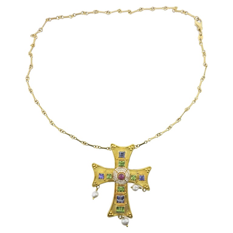 Gold Maltese Cross Gemstone Pearl Pendant Necklace For Sale at 1stDibs