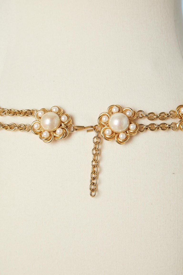 Gold metal chain belt mix with pearls cabochons Genny For Sale at 1stDibs