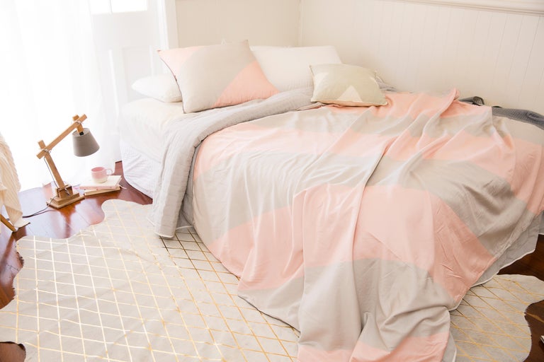 Gold Metallic Diamond Pattern Cream Cowhide Rug, Large For Sale at 1stDibs