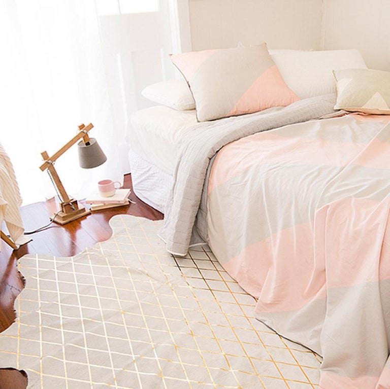 Gold Metallic Diamond Pattern Cream Cowhide Rug, Large For Sale at 1stDibs