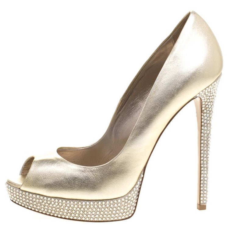 Gold Metallic Leather Crystal Embellished Platform Peep Toe Pumps Size ...