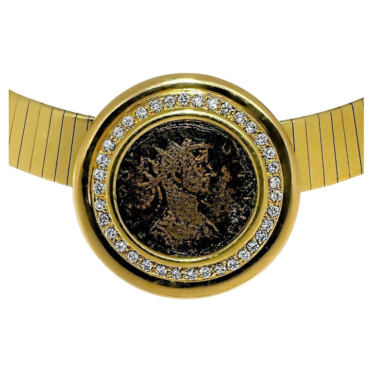 Gold Omega Necklace with 18K and Diamond Ancient Bronze Coin Center by ...