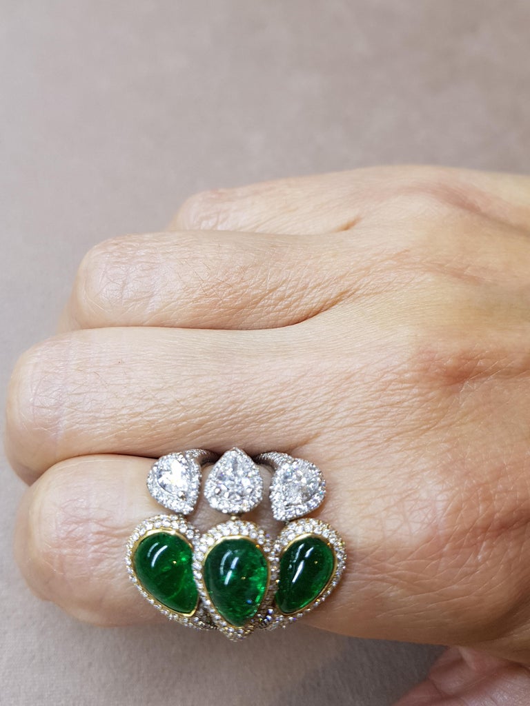 Gold Pear Shape Diamond Pear Shape Cabochon Emerald Cocktail Ring For ...