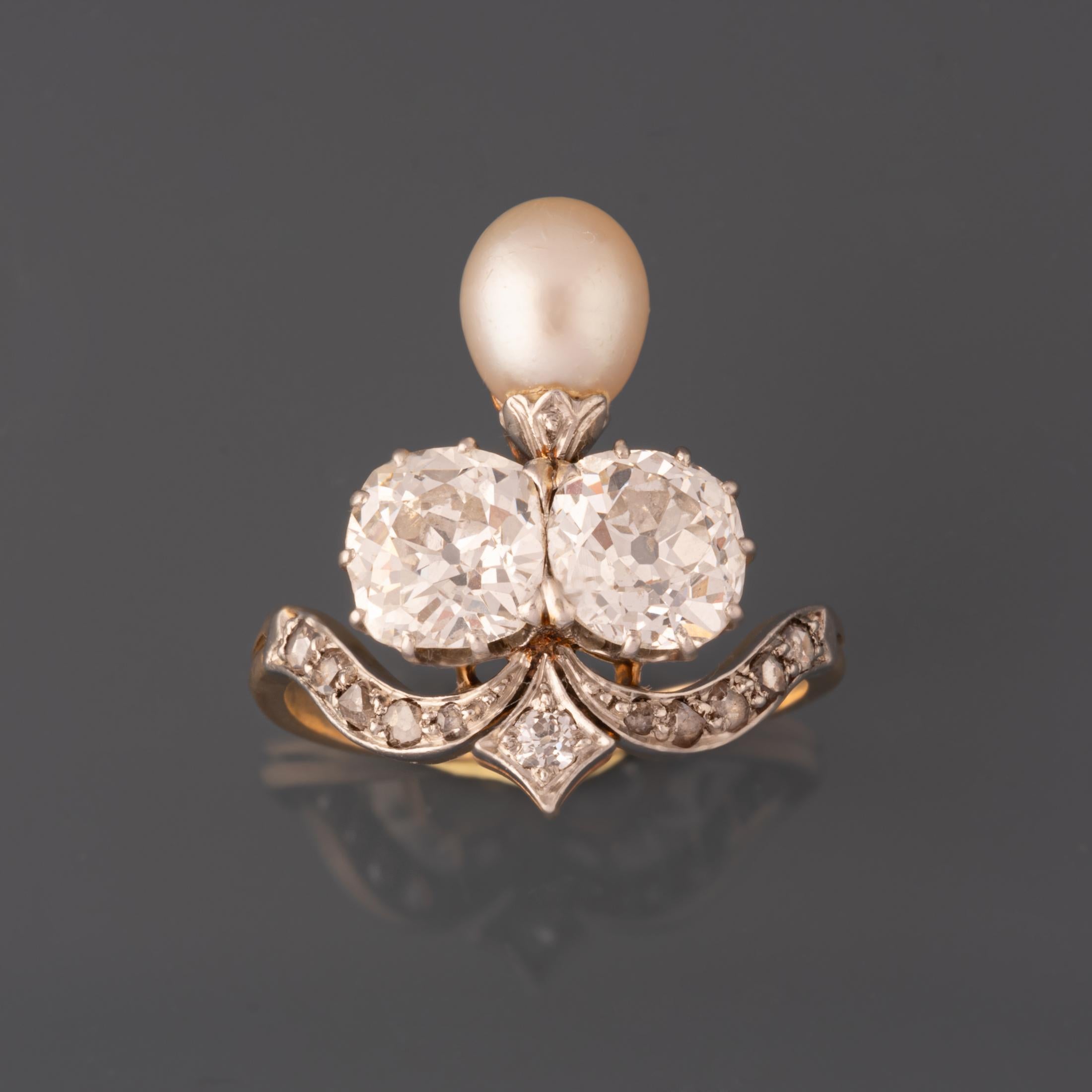 Gold Pearl and 2.50 Carats Diamonds Antique French Ring For Sale at 1stDibs