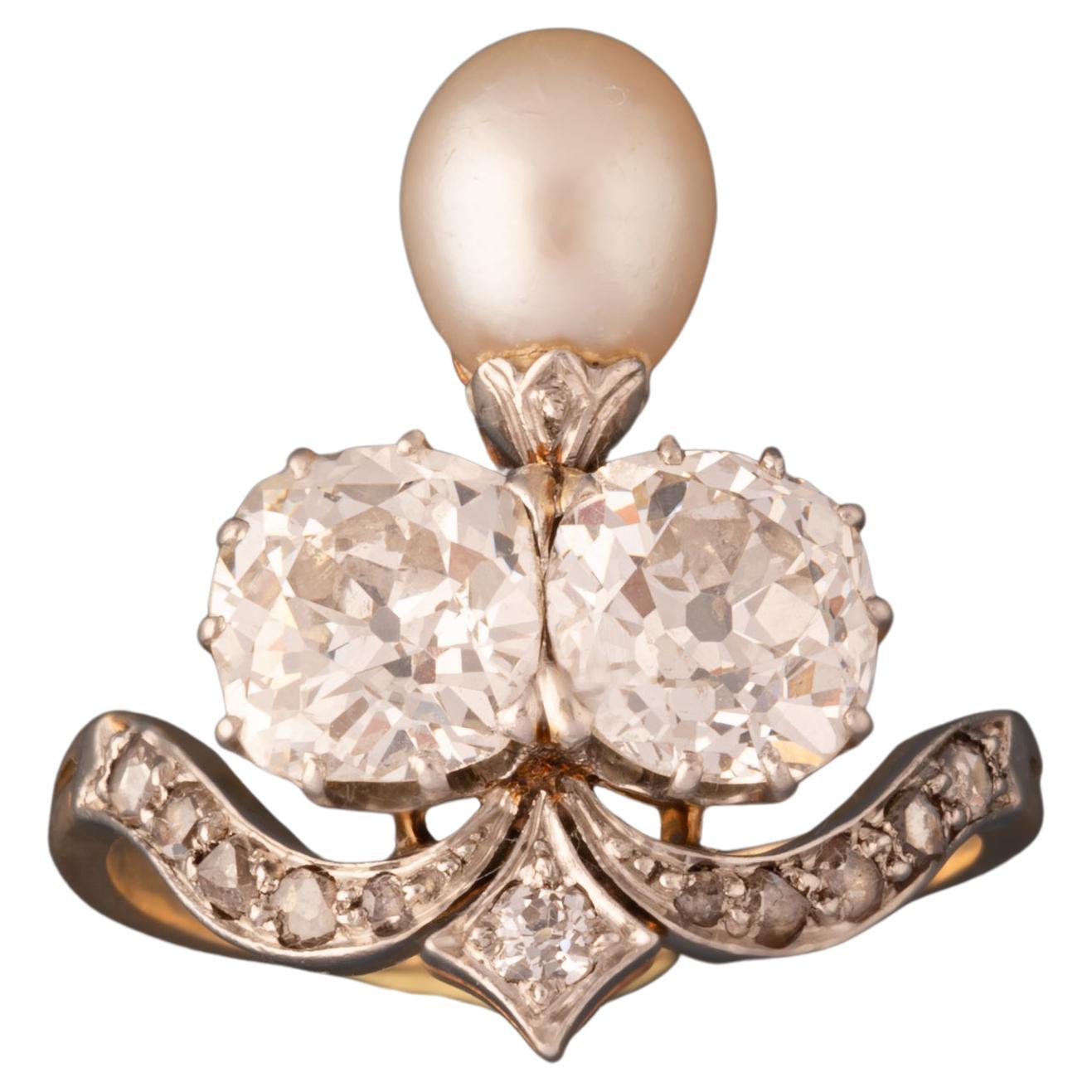 Gold Pearl and 2.50 Carats Diamonds Antique French Ring For Sale at 1stDibs