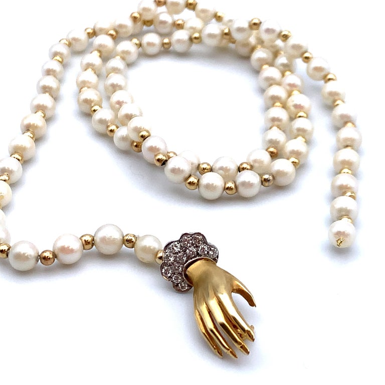 Gold Pearl and Diamond Hand Necklace For Sale at 1stDibs