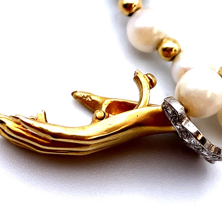Gold Pearl and Diamond Hand Necklace For Sale at 1stDibs