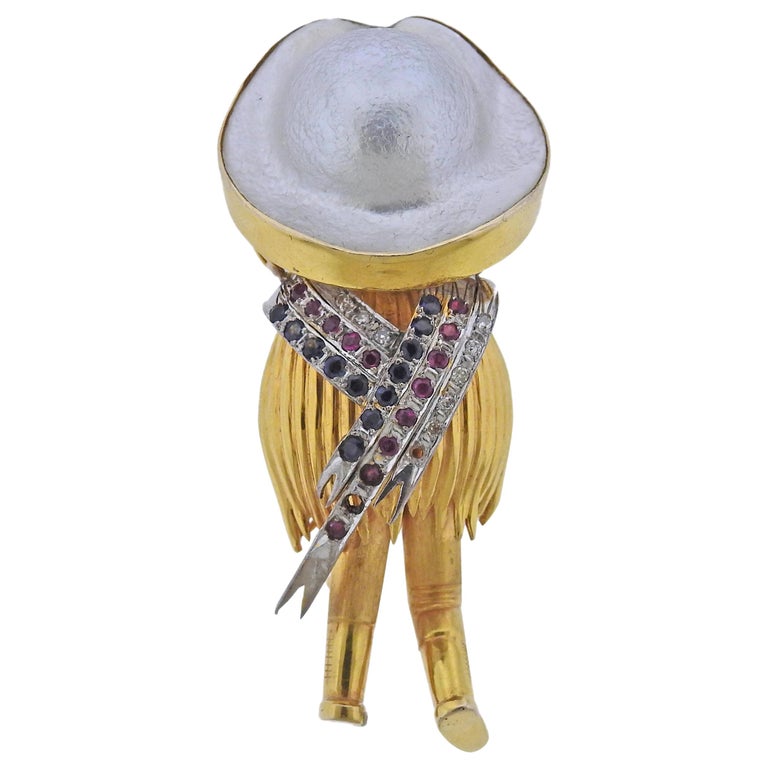 Gold Pearl Diamond Ruby Sapphire Sombrero Brooch For Sale at 1stDibs