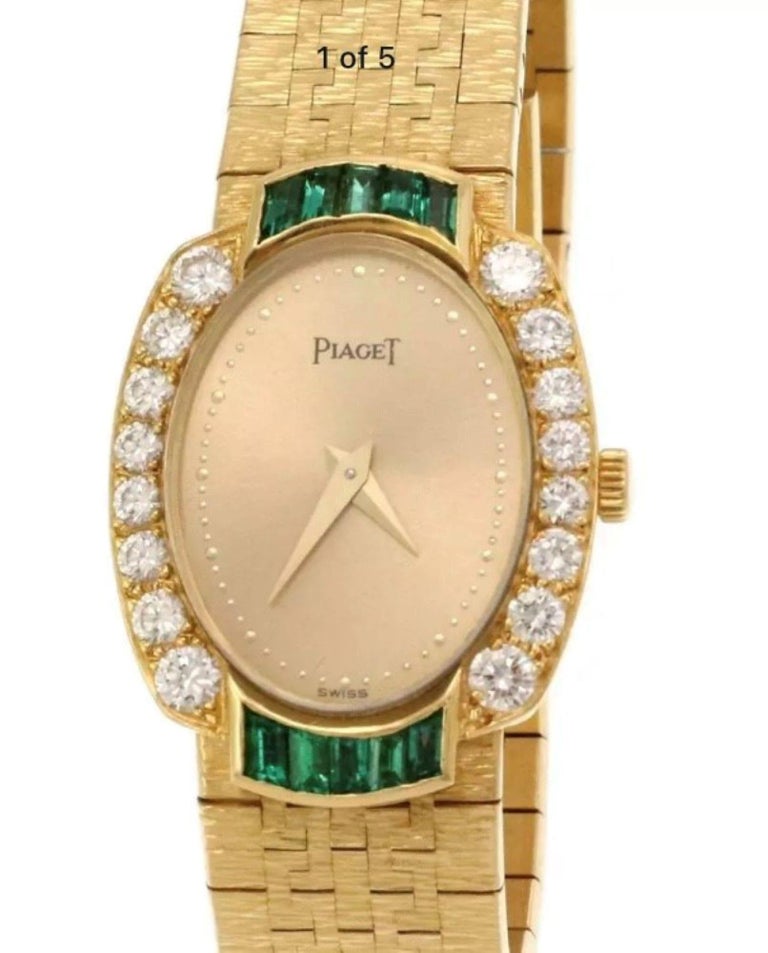 Gold Piaget with Diamonds and Emeralds and Quartz Movement at 1stDibs