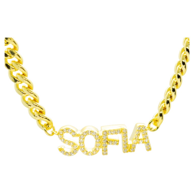 Gold Plate Zircon Chain Name Letters Customisable Sofia Intini Jewels Necklace For Sale at 1stDibs