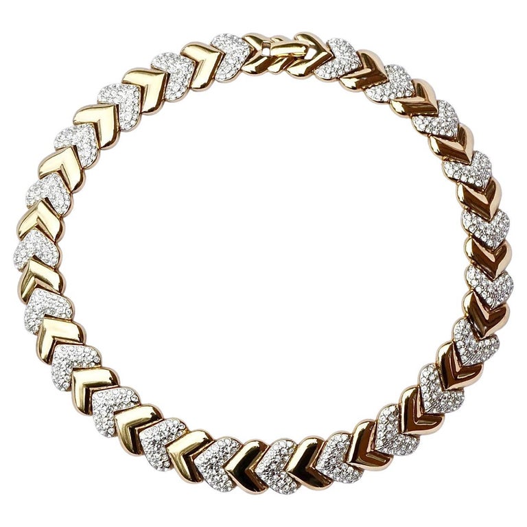 Gold Plated and Rhinestone Heavy Chevron Collar Necklace circa 1980s ...