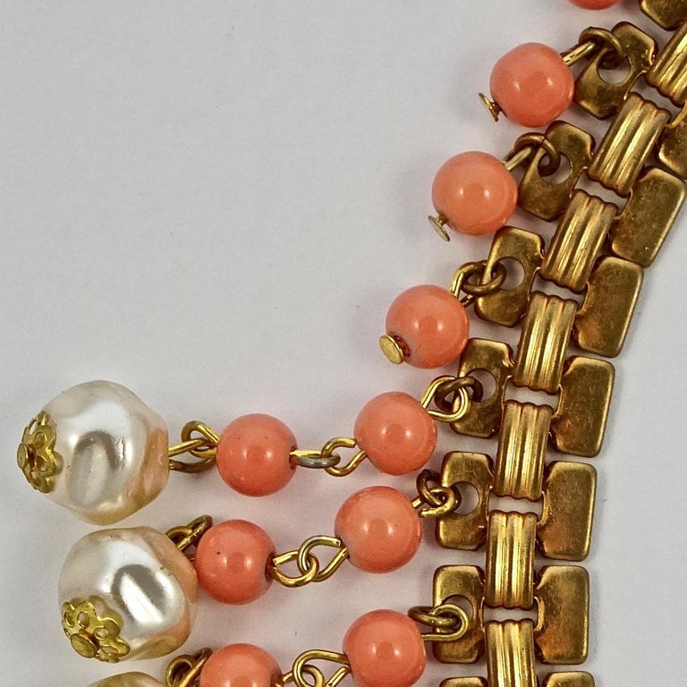 Gold Plated Coral Glass Bead Faux Baroque Pearl Drop Collar Necklace ...