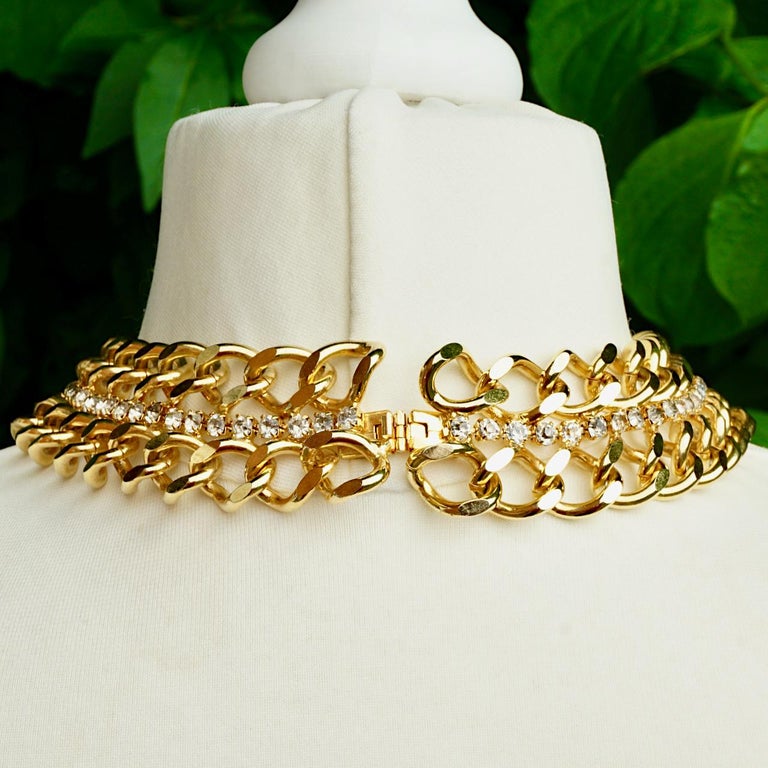 Gold Plated Curb Link Chain Collar Necklace with Rhinestones circa ...