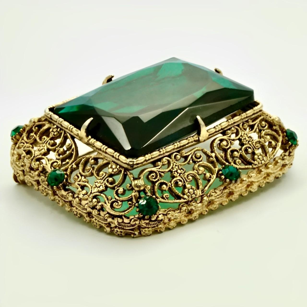 Gold Plated Filigree and Emerald Green Glass Statement Brooch circa ...