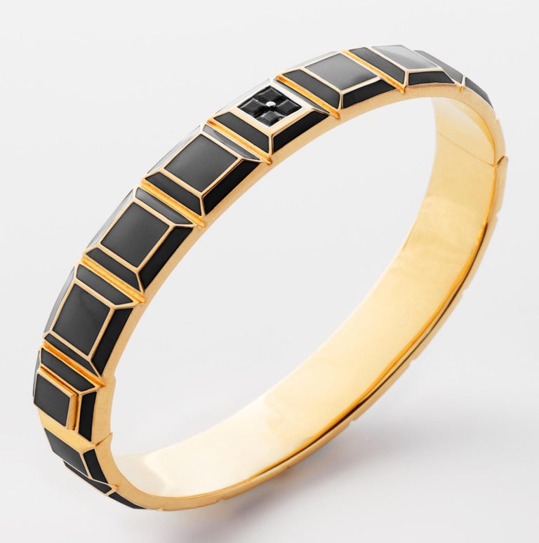 Gold-Plated Grey Enamel Black Diamond Carousel Bracelet For Sale (Free ...