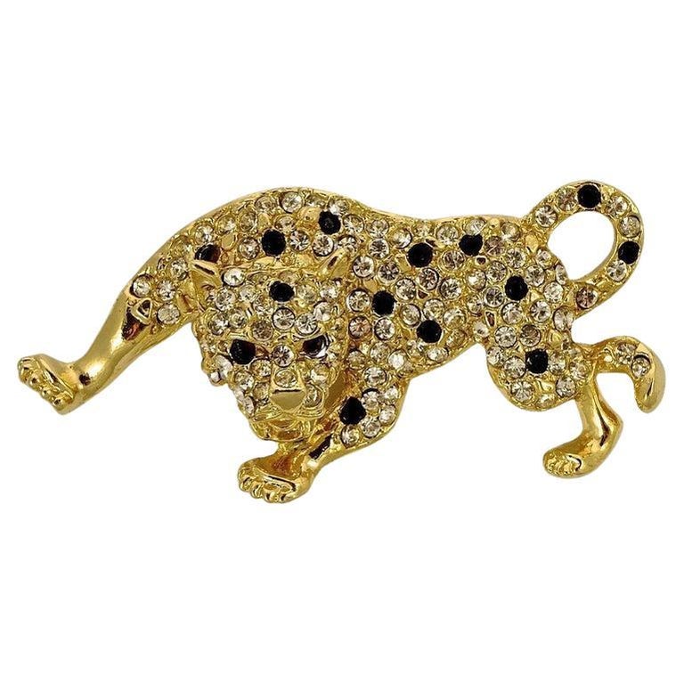 Gold Plated Leopard Brooch with Clear and Black Rhinestones circa 1980s ...